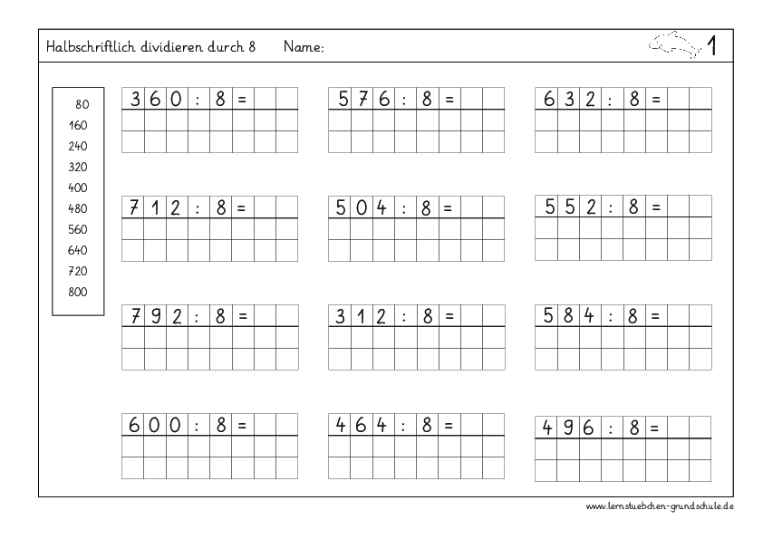 halbschriftlich dividieren durch 8 und 9 mit ... (.pdf) - Lernstübchen