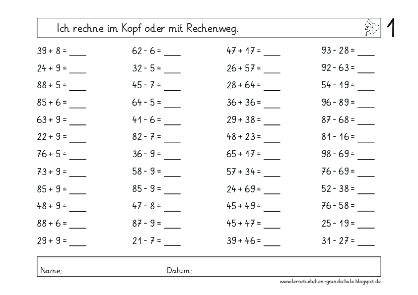 Plus und Minus mit Übergang (.pdf) - Lernstübchen