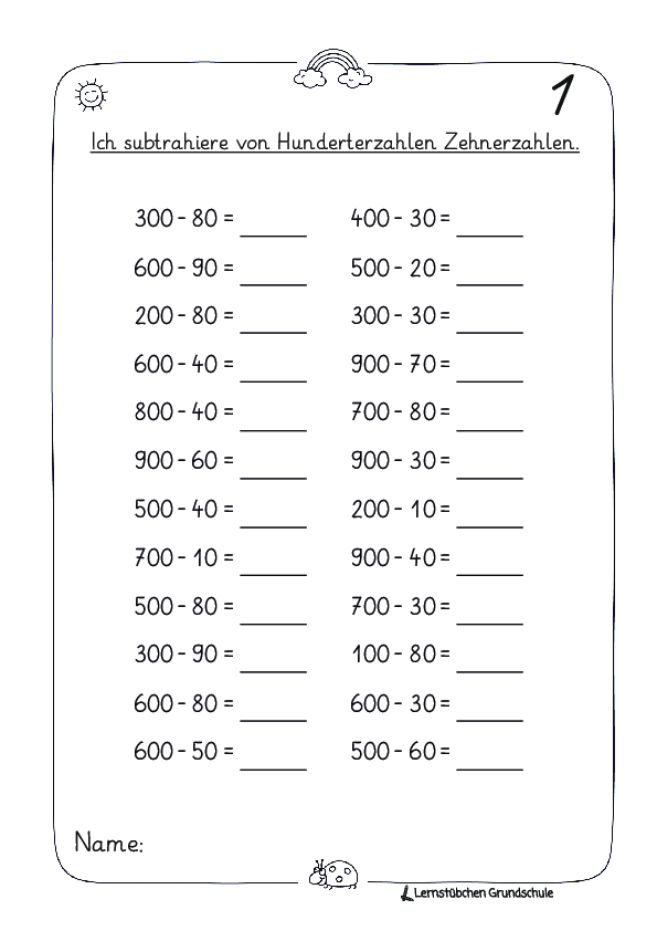 `kopfrechnen minus` | Grundschule (.pdf)