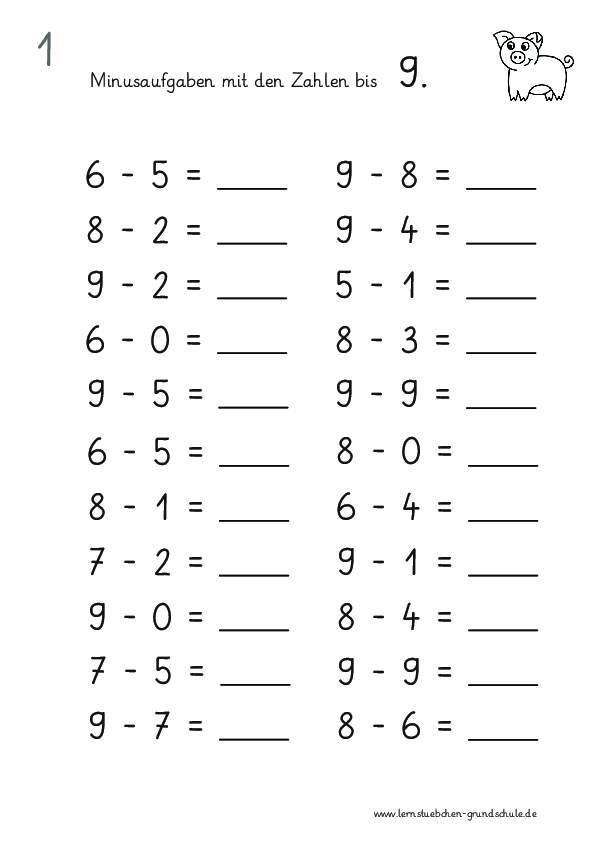 Minusaufgaben mit den Ergebnissen 5, 6, 7, ... (.pdf) - Lernstübchen